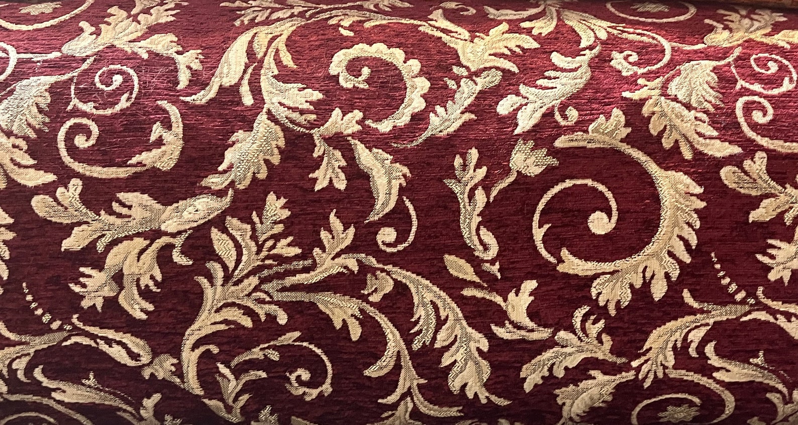 Gold and Burgundy Chenille Damask Fabric, Renaissance Home Decor ...
