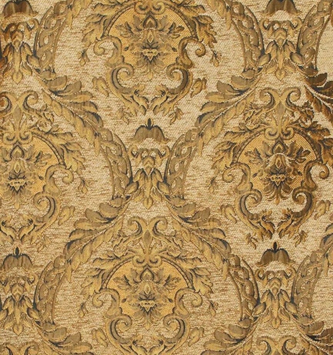 4 Yards Gold and Brown Designer Chenille Damask Fabric, Renaissance ...
