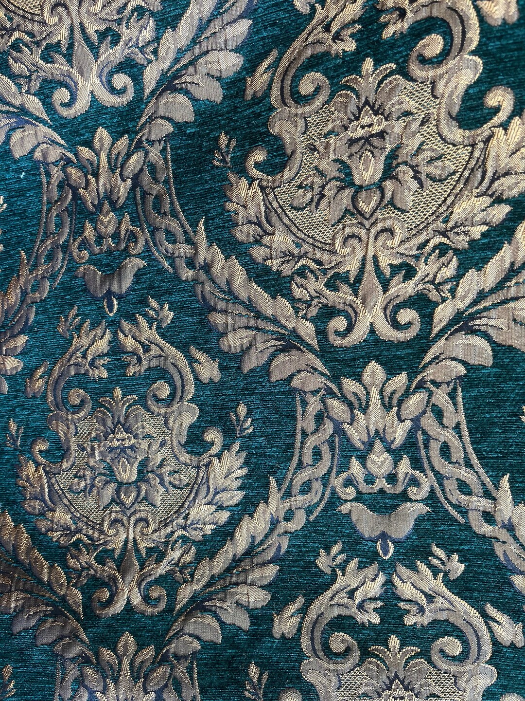5 Yards Green and Gold Chenille Damask Fabric, Renaissance Home Decor ...