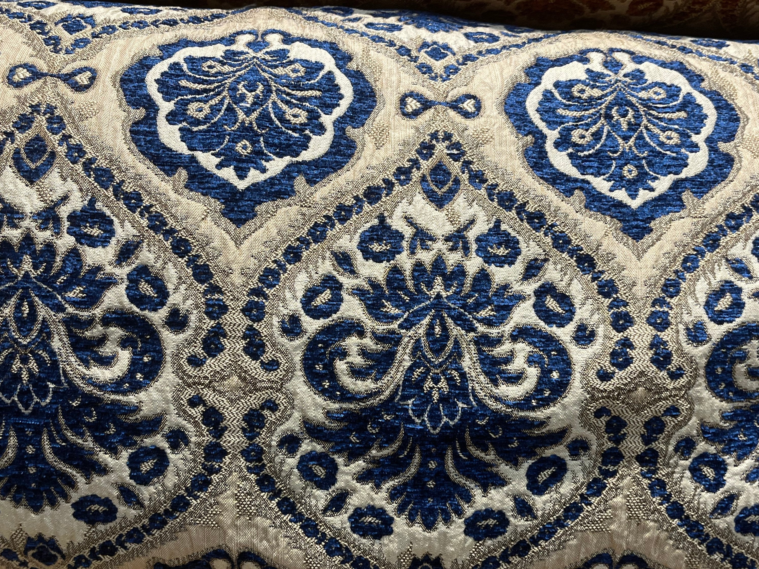 Blue Navy and Taupe Chenille Damask Fabric, Renaissance Home Decor ...