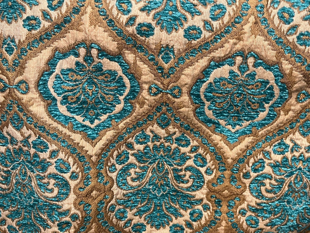 Turquoise and Gold Chenille Damask Fabric, Renaissance Home Decor ...