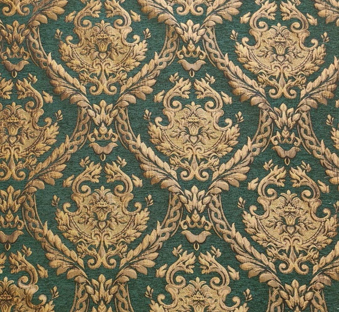 5 Yards Green and Gold Chenille Damask Fabric Renaissance - Etsy