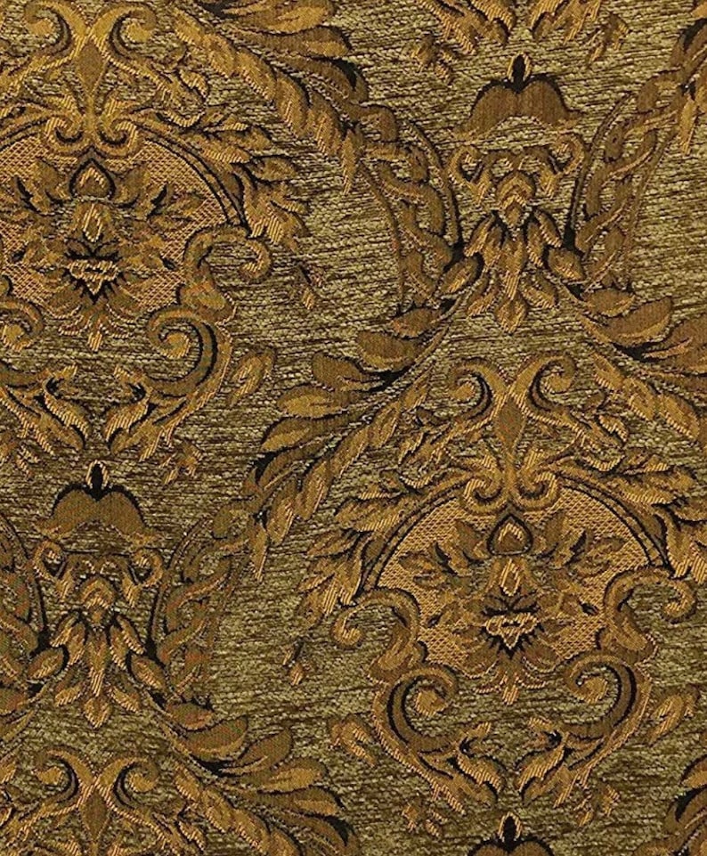 10 Yards Green and Gold Designer Chenille Damask Fabric, Renaissance ...