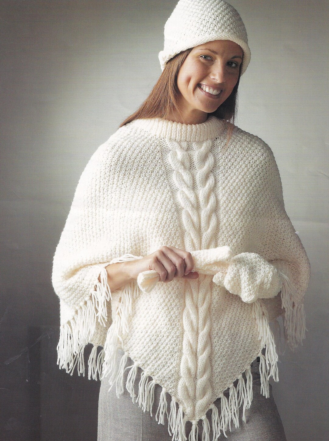 Vintage Knitting Pattern for Ladies Lovely Aran Poncho Hat and Mittens ...