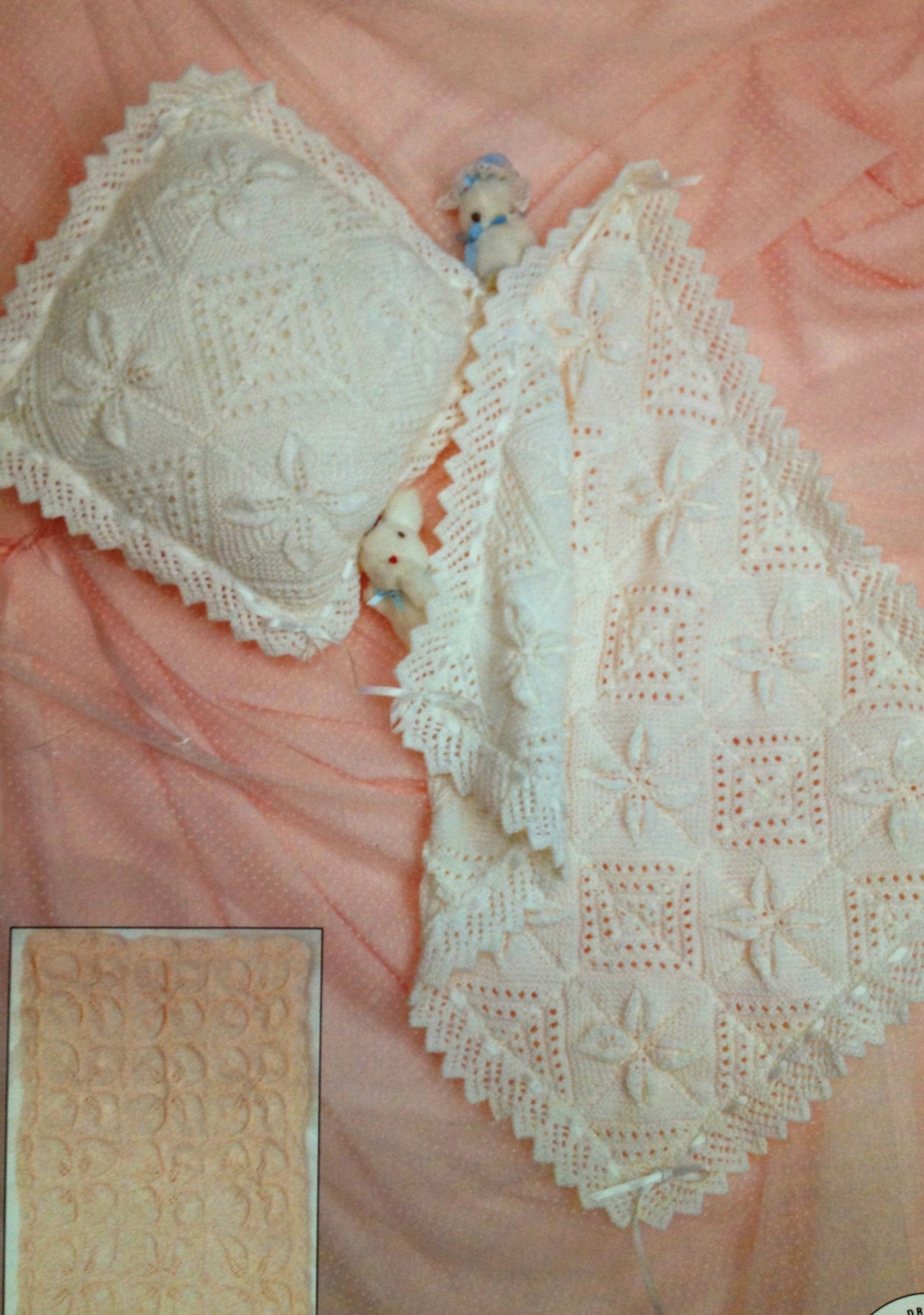 Baby Pram Cover Blanket and Cushion Knitting Pattern Vintage Style Leaf ...