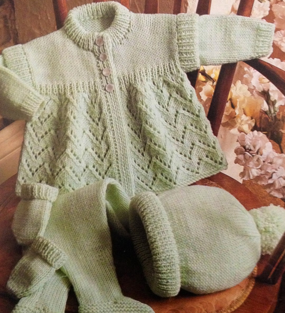 Baby Knitting Pattern Vintage Matinee Coat Leggings Mittens and Pompom ...