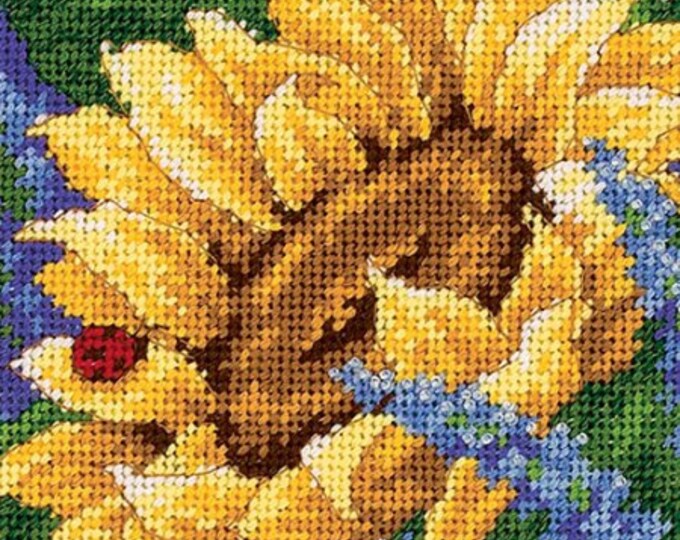 Sunflower and Ladybug Needlepoint Kit size: 5x5 cotton Floss on 14 Mesh ...