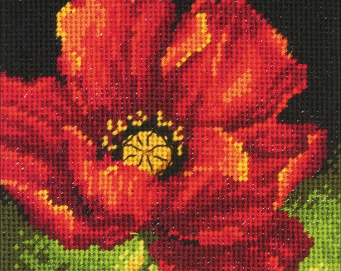 Red Poppy Needlepoint Kit size: 5x5 uses Cotton Floss on 14 Mesh Canvas ...