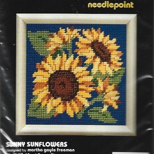 Sunny Sunflowers Needlepoint Kit size: 5x5 wool Yarn on 12 Mesh Canvas ...