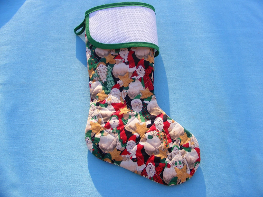 Aida Cuff Stocking Cross Stitch -large Green Santa Pre-finished Quilted ...