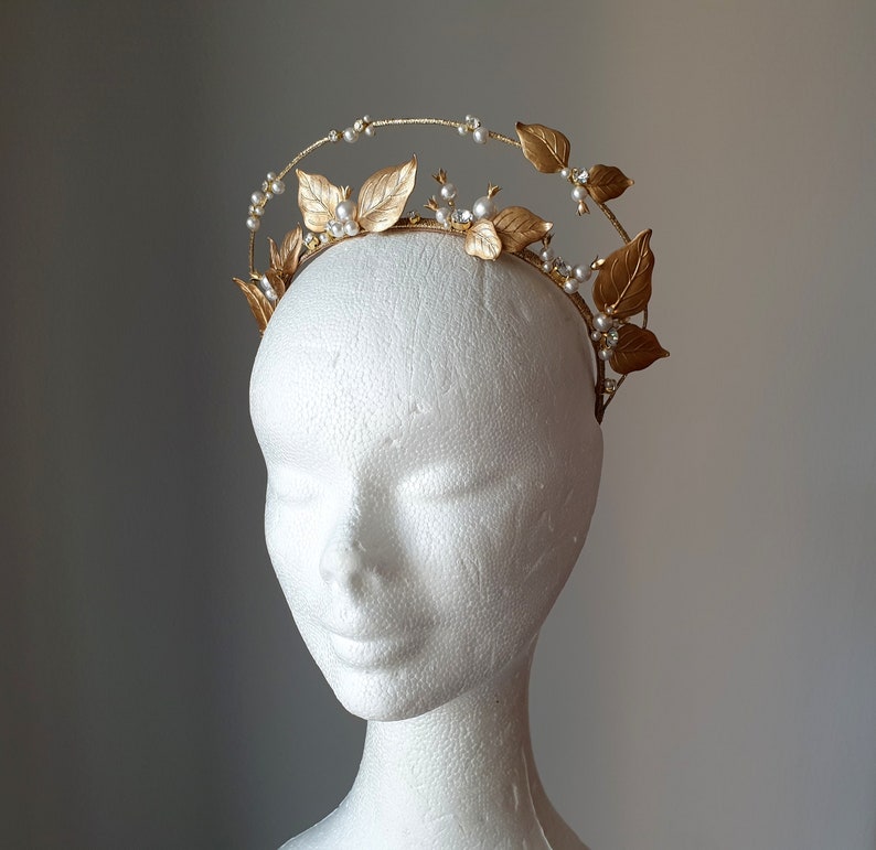 Bridal Crown Gold Leaf Wedding Pearl Crown Bridal Tiara Gold Leaf Elf ...