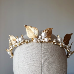 Gold Leaf Crown Bridal Pearl Tiara Wedding Pearl Crown Bridal Gold Leaf ...