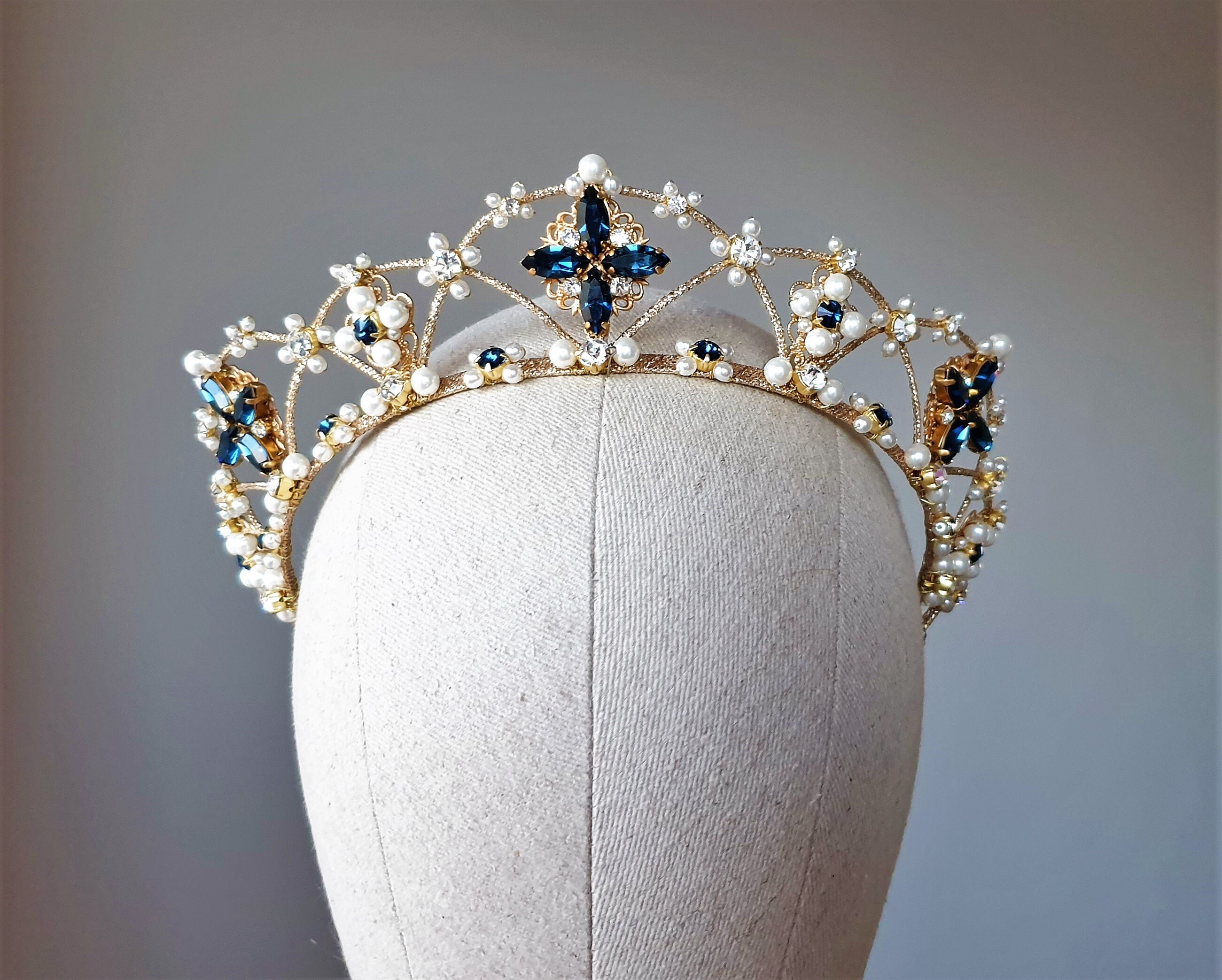 Bridal Pearl Crown Wedding Pearl Tiara Blue Crystal Wedding Crown Blue ...