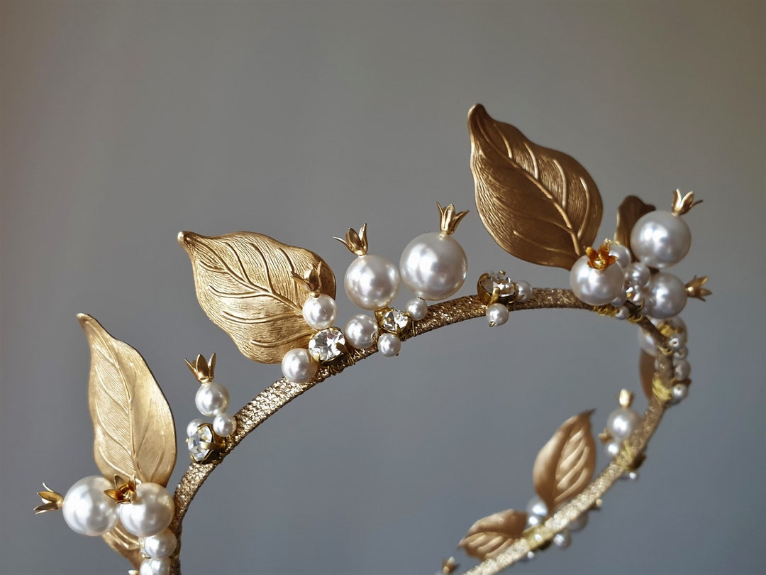Gold Leaf Crown Bridal Pearl Tiara Wedding Pearl Crown Bridal Gold Leaf ...