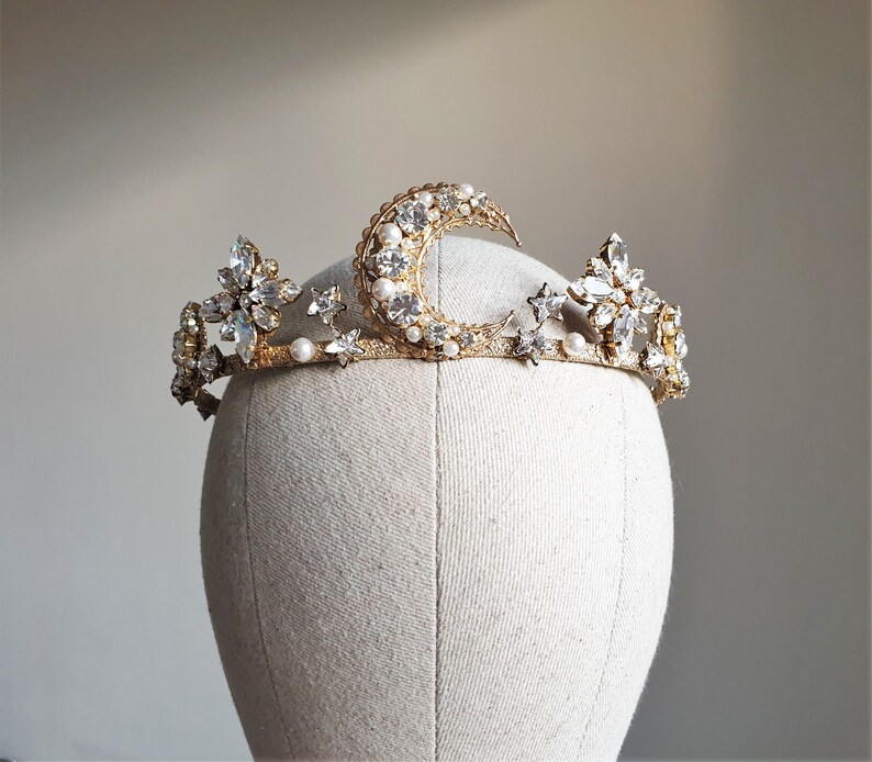 Celestial Bridal Crown: Gold Star, Moon, and Pearl Tiara - Etsy