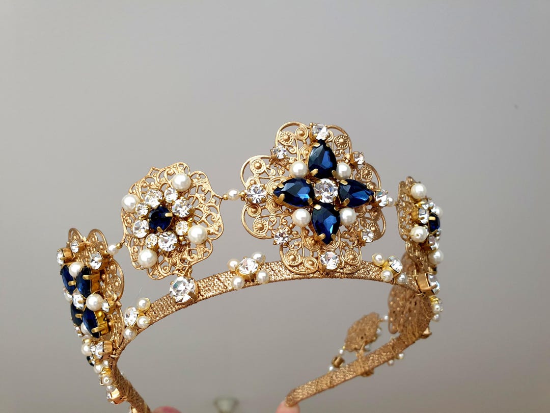 Bridal Tiara With Blue Crystal, Wedding Pearl Crown, Gold Tiara, Bridal ...