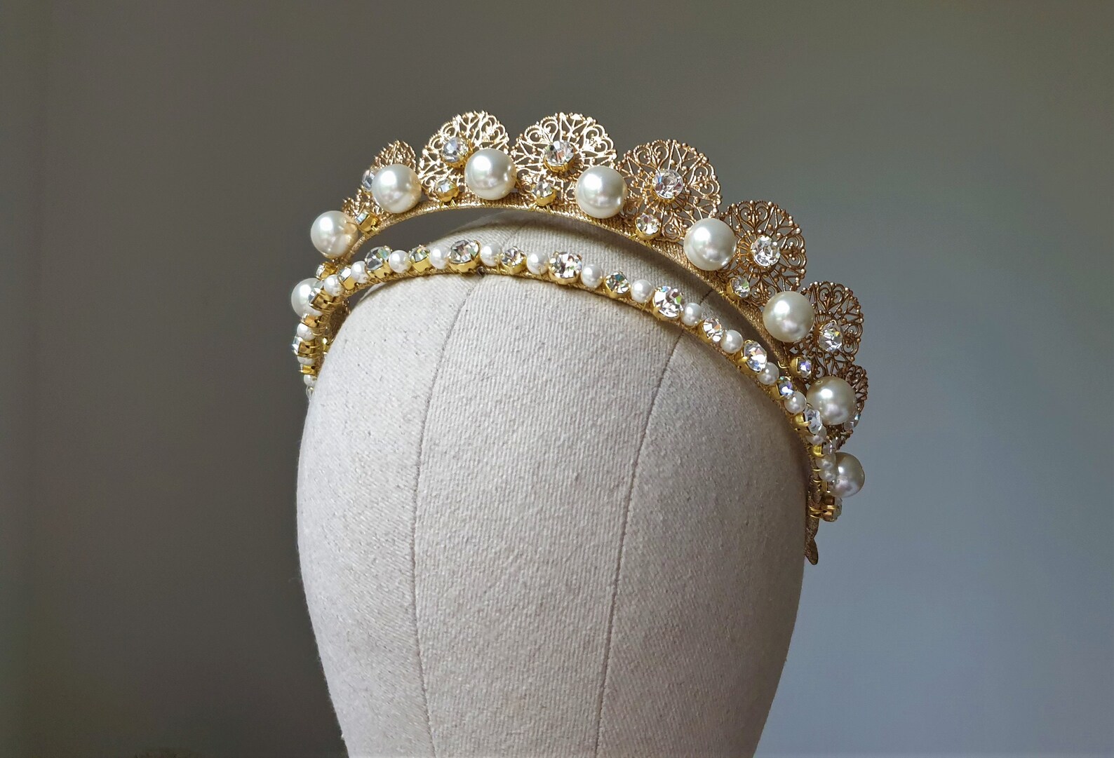 Bridal Tiara Gold Wedding Double Crown Wedding Pearl Tiara Double Gold ...