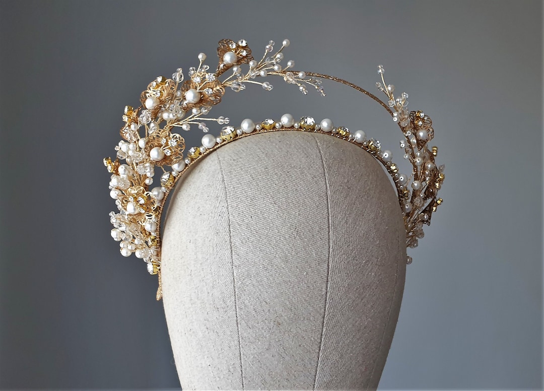 Bridal Gold Crown Gold Flower Tiara Wedding Pearl Crown Elf Headpiece ...