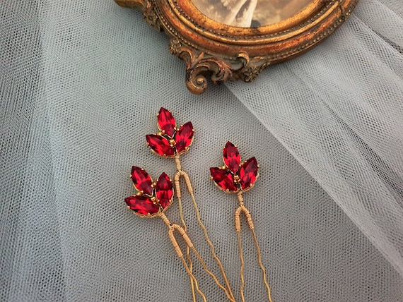 Red сrystal Hair Pins Bridal Hair Pins Red Wedding Headpiece - Etsy