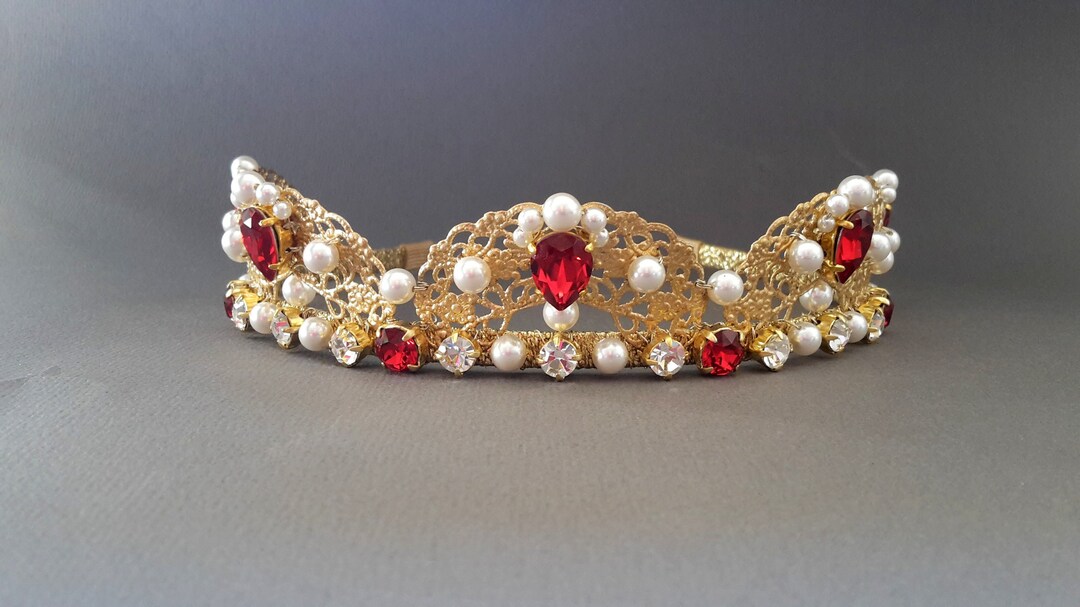 Red Crystal Bridal Tiara: Gold Wedding Pearl Crown - Etsy
