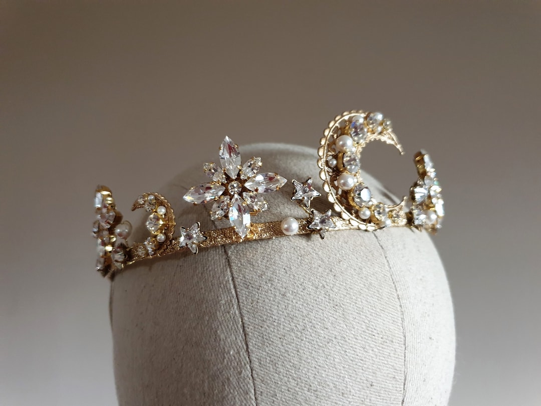 Celestial Bridal Crown: Gold Star, Moon, and Pearl Tiara - Etsy