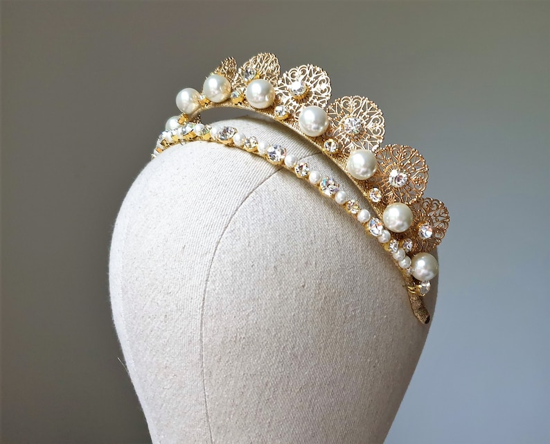 Bridal Tiara Gold Wedding Double Crown Wedding Pearl Tiara - Etsy