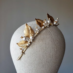 Gold Leaf Crown Bridal Pearl Tiara Wedding Pearl Crown Bridal Gold Leaf ...