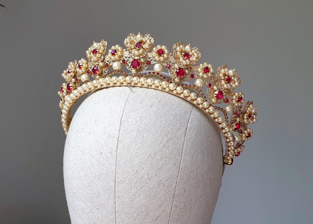 Bridal Tiara Red Wedding Pearl Crown Bridal Pearl Crown Wedding Gold ...