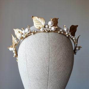 Gold Leaf Crown Bridal Pearl Tiara Wedding Pearl Crown Bridal Gold Leaf ...