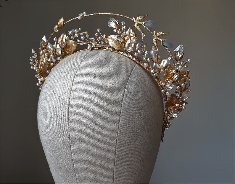 Gold Tiara Bridal Gold Leaf Crown Wedding Pearl Crown Bridal Pearl ...