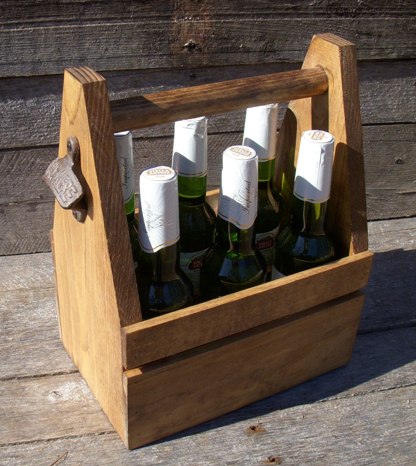 Rustic Wooden Beer/soft Drink Tote, Beer Carrier With Bottle Opener ...