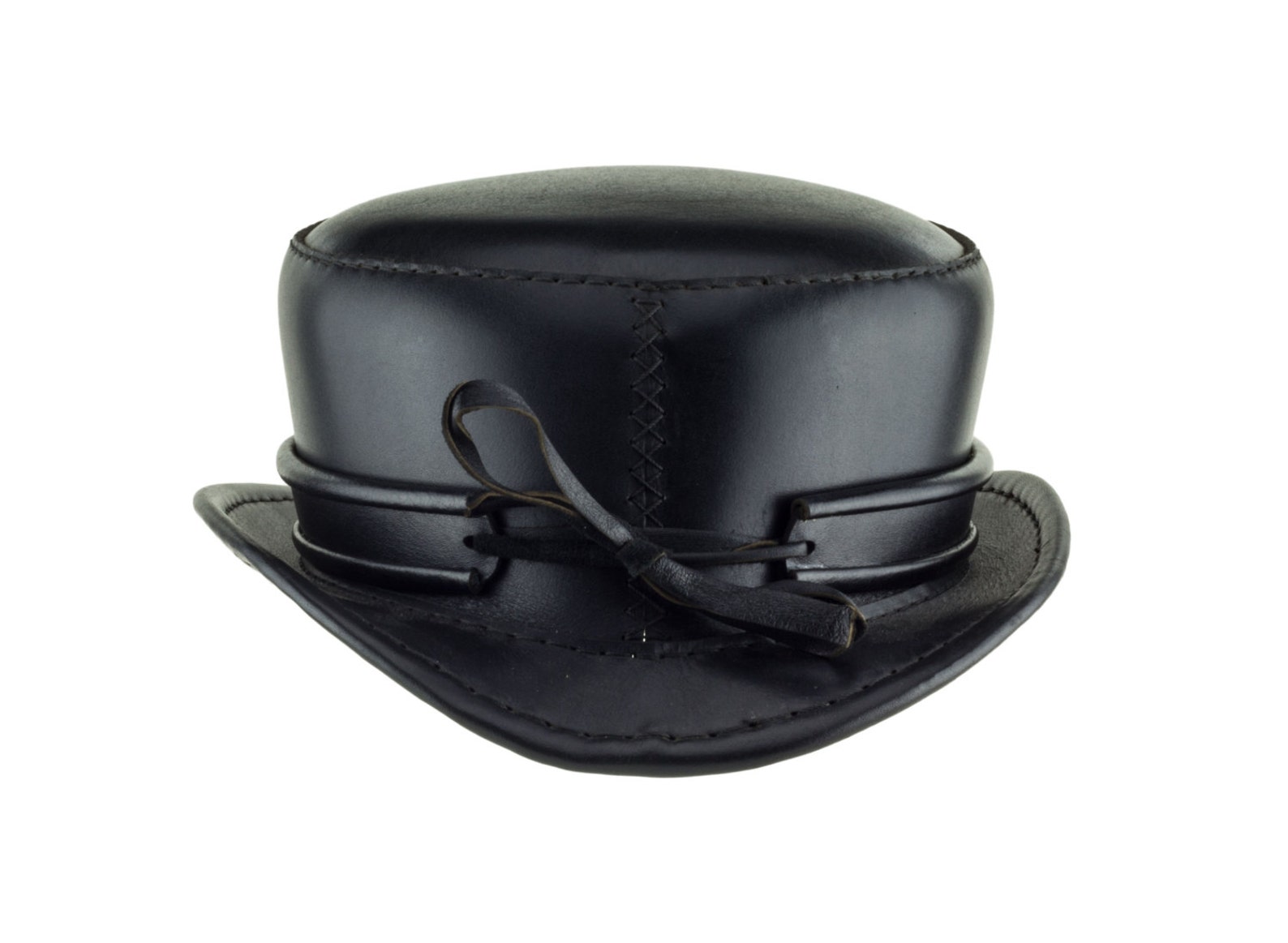 Short Leather Top Hat pinkerton Black Steampunk Tophat Top-stiched ...