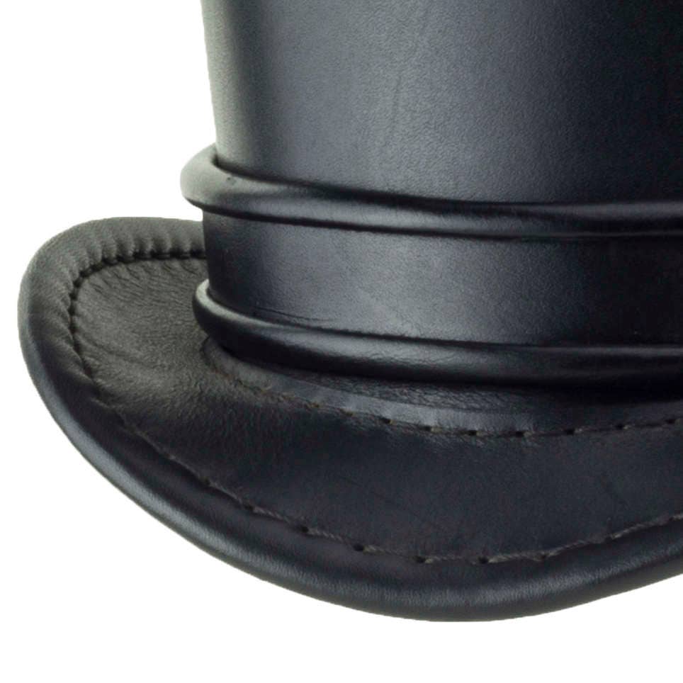 Short Leather Top Hat pinkerton Black Steampunk Tophat Top-stiched ...
