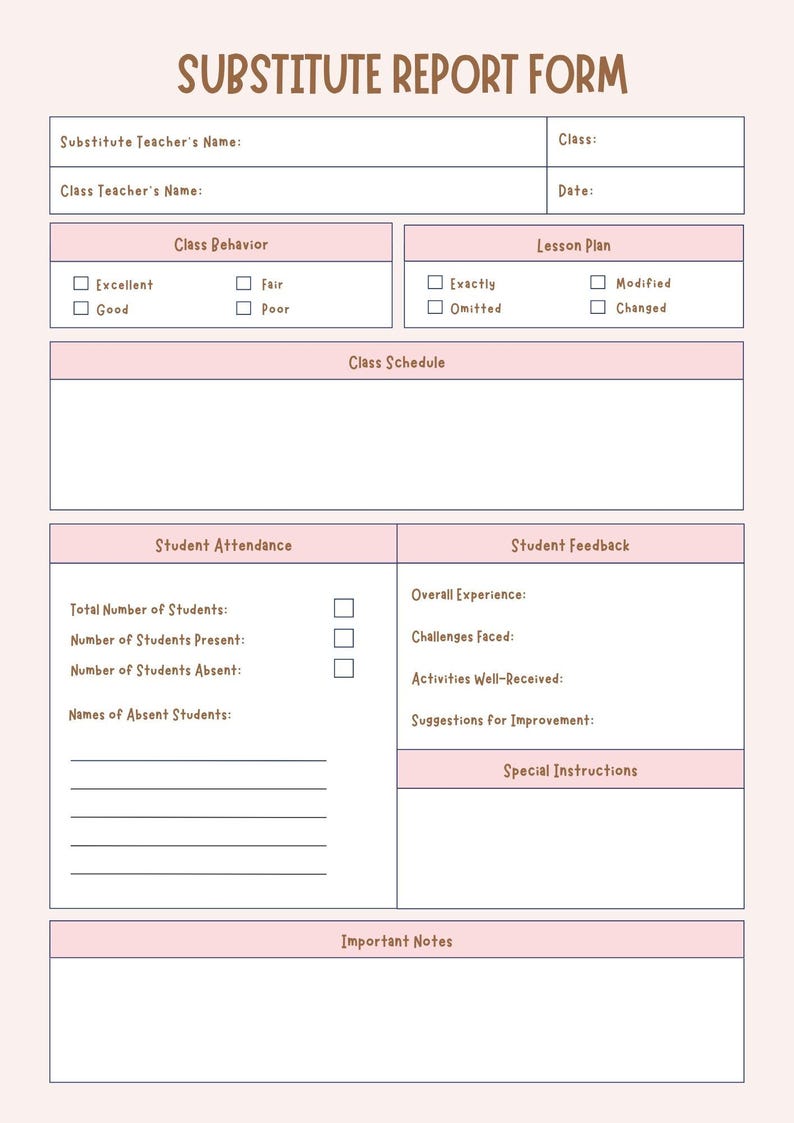 Substitute Report Form – Easy-to-use Classroom Communication Tool - Etsy