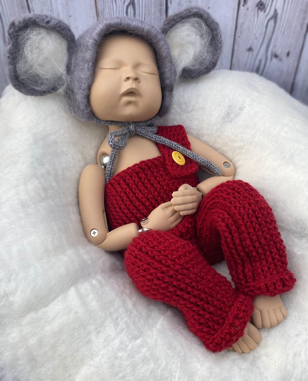 Newborn Set Felt Bonnet Koala and Red Overalls - Etsy