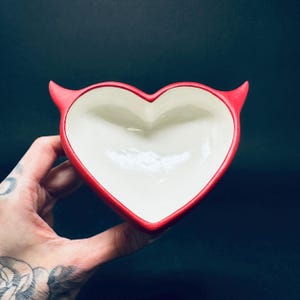 Ceramic Red and White Heart-shaped Footed Devil Dish - Etsy