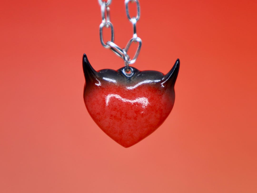 Red and Black Ceramic Devil Heart Pendant – Handmade Statement Necklace ...