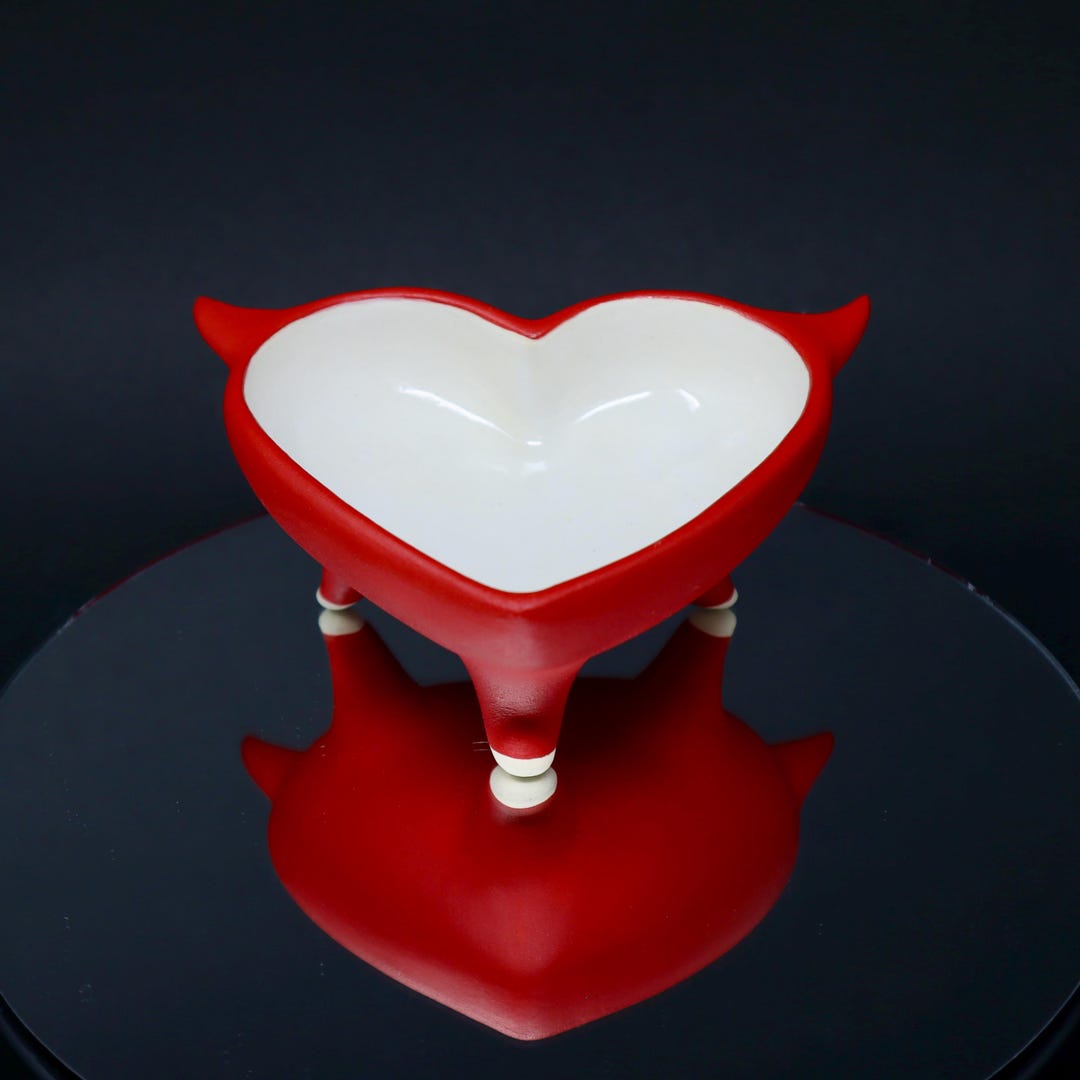 Ceramic Red and White Heart-shaped Footed Devil Dish - Etsy