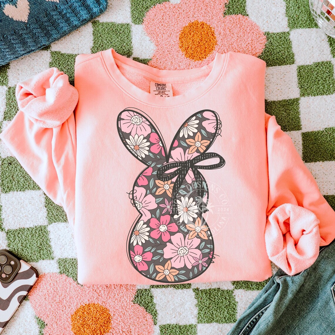 Boho Bunny- Pink Floral Easter Rabbit Checkered Bow- Country Coquette ...