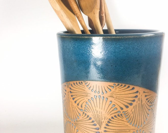 Handmade Teal Blue Kitchen Utensil Holder Crock With Geometric ...