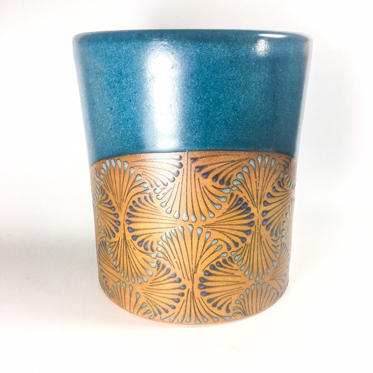 Handmade Teal Blue Kitchen Utensil Holder Crock With Geometric ...
