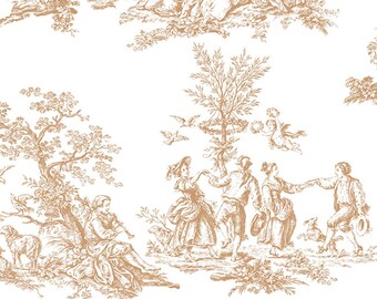 Vintage French Colonial Toile Wallpaper, Metallic Gold Countryside ...