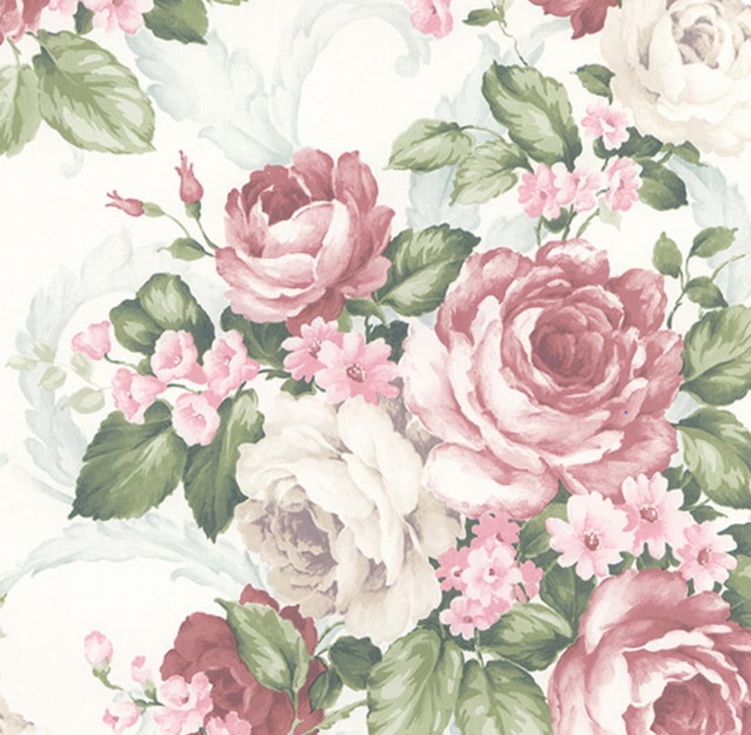 Large Pink Cabbage Roses Garden Floral Wallpaper - Shabby Chic Country ...