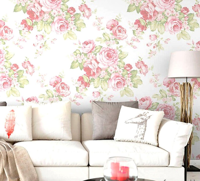 Large Cabbage Rose Bouquet Wallpaper Modern Farmhouse - Etsy