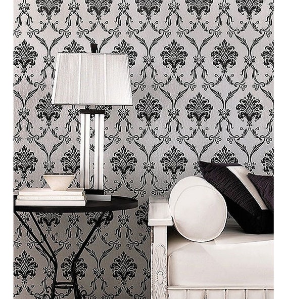 Black And White Damask Wallpaper In Room