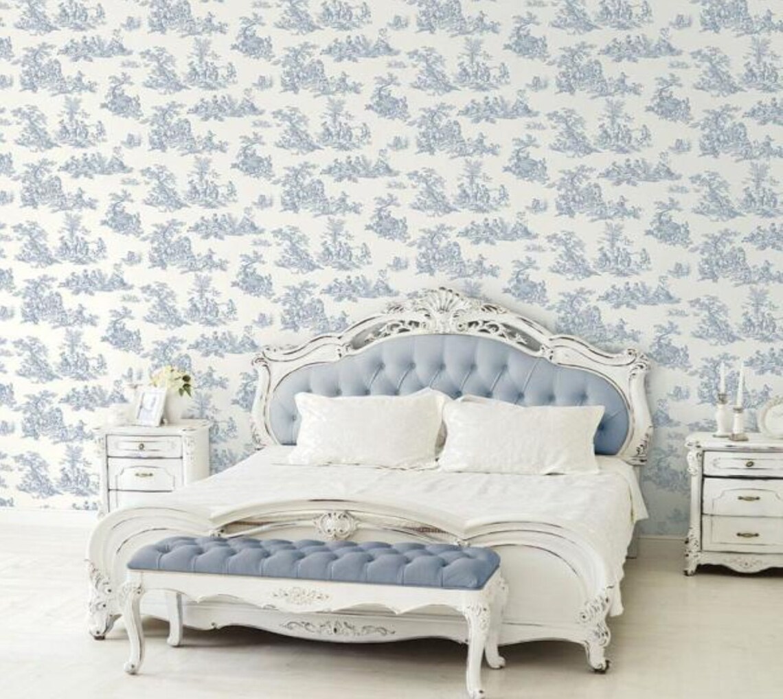 Blue White Scenic Colonial Toile Wallpaper Country French | Etsy