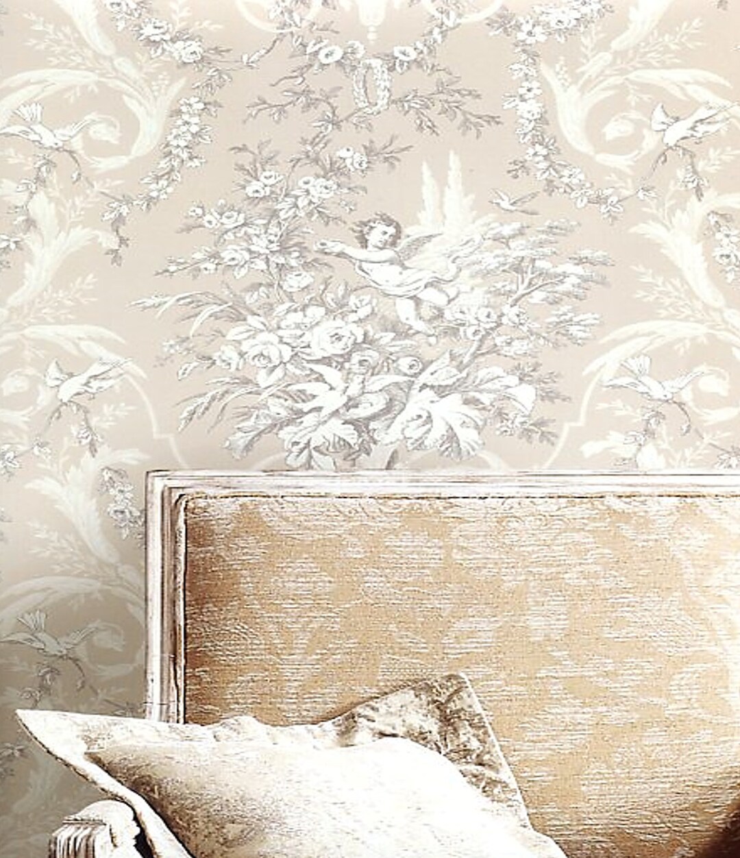 Cherub Angel Toile Wallpaper, Antique Victorian Urn, Floral Leaf ...