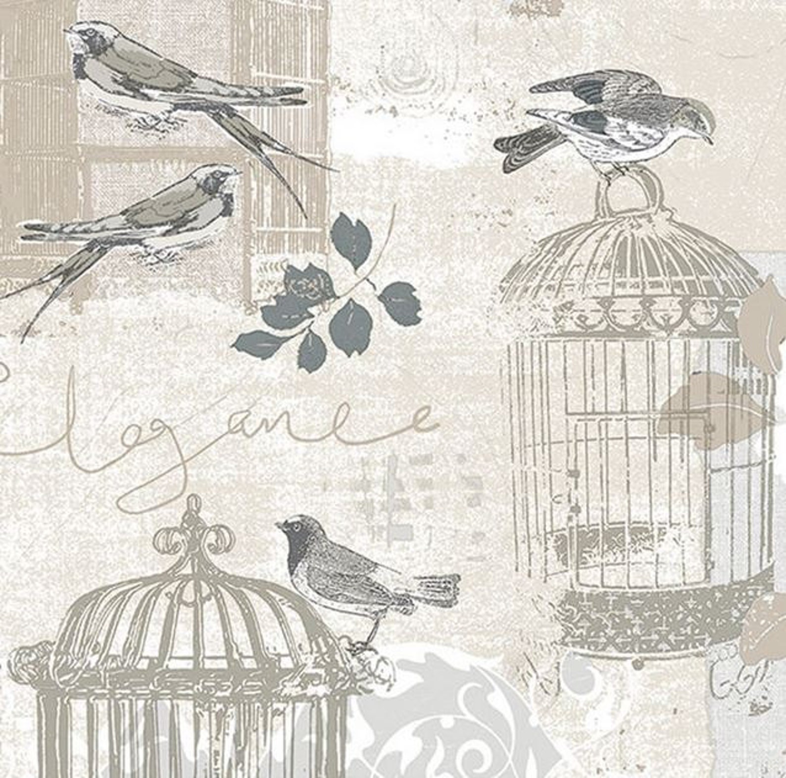 Antique Victorian Birdcage Wallpaper – Neutral Bird Garden Script ...