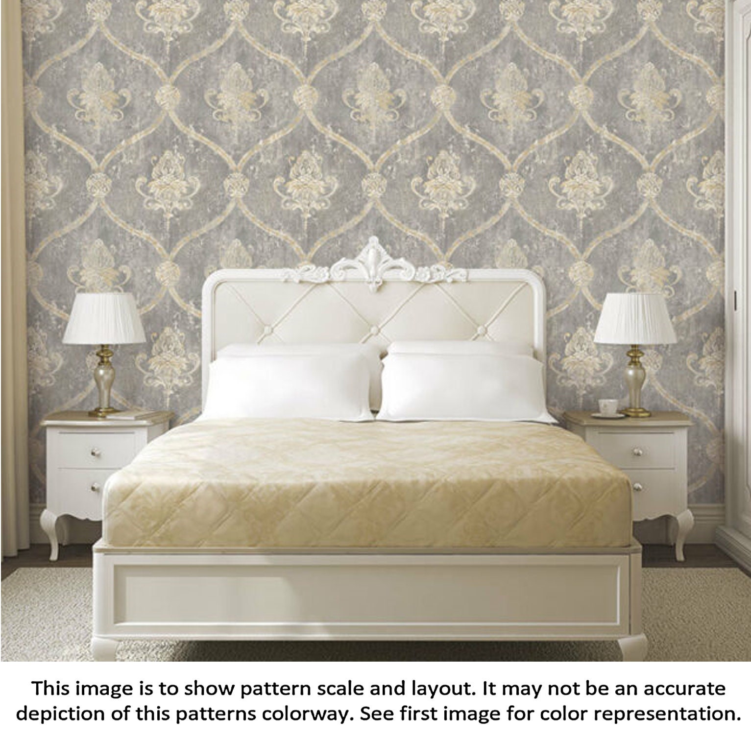 Distressed Floral Damask Wallpaper, Handpainted Garland Swag, Weathered ...