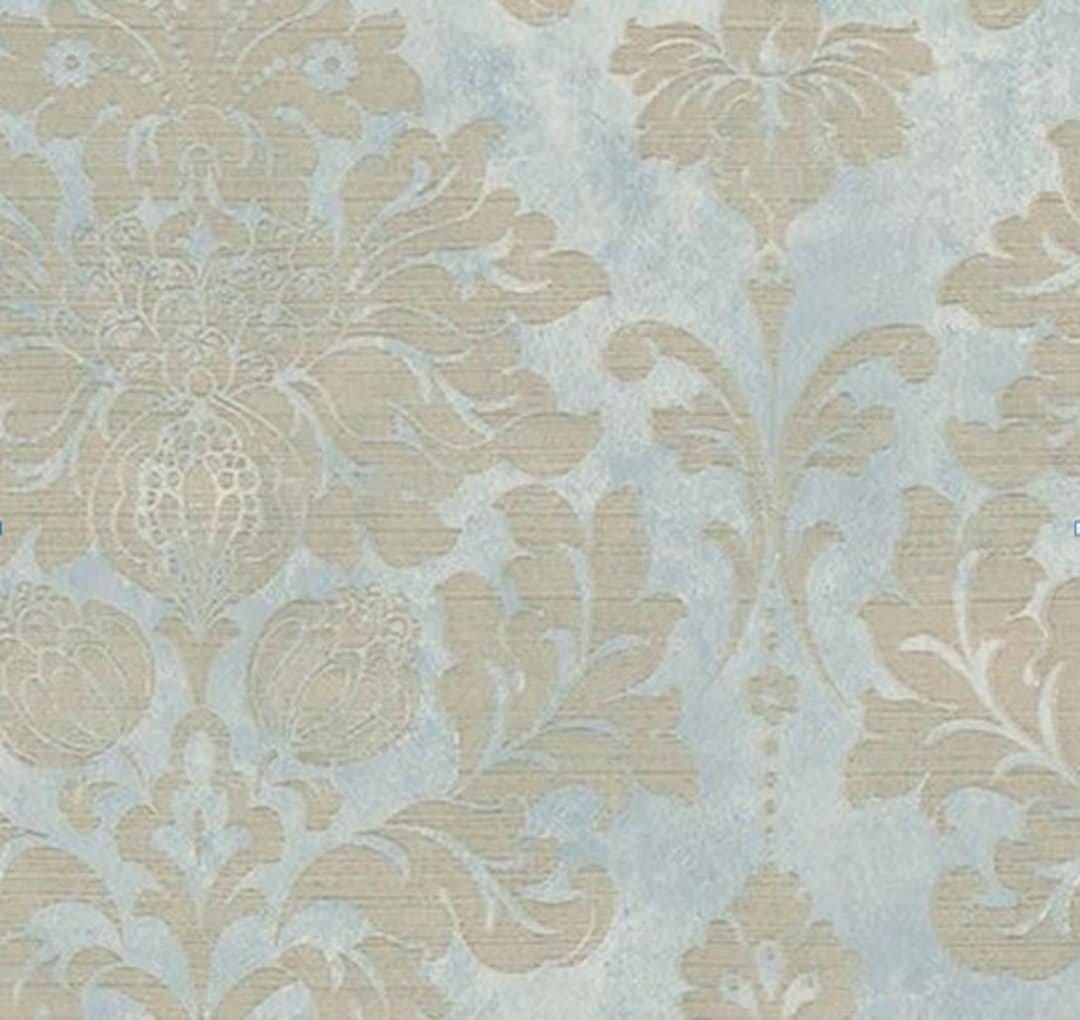 Antique Gold Blue Damask Wallpaper - Distressed Worn Texture, Faded ...